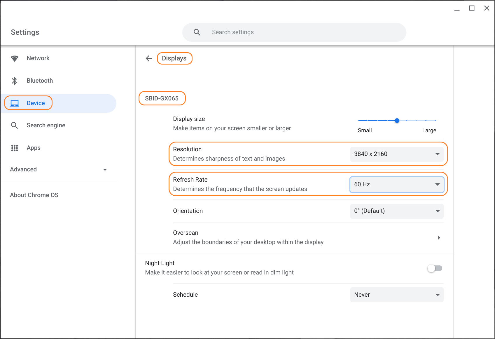 Viewing and configuring display resolution and refresh rate on Chrome OS