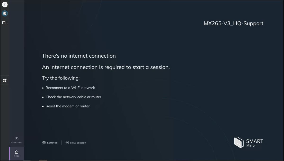 "There's no internet connection" message appears on the SMART Mirror lobby